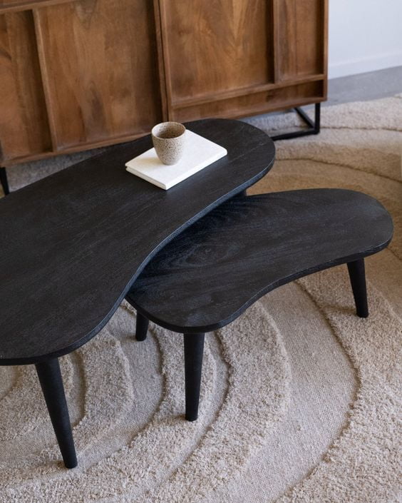 Modern Black Kidney-Shaped Nesting Coffee Tables | Set of 2 Curved Wood ...